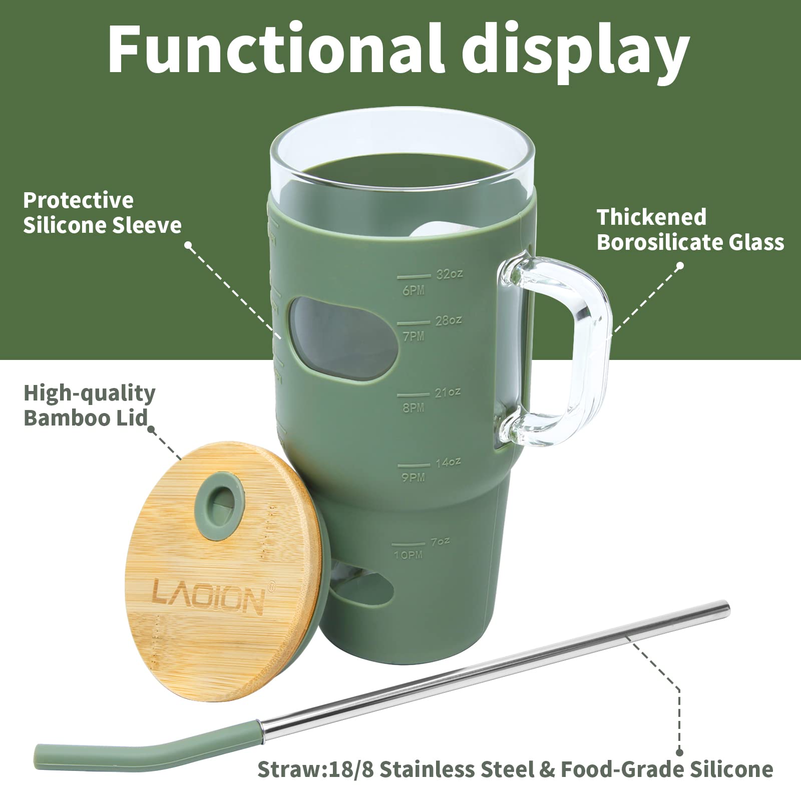 LAOION 32 OZ Glass Tumbler with Handle, Glass Water Bottles with Leakproof Bamboo Lid and Straw, Iced Coffee Cup with Silicone Sleeve and Time Marker, Fits in Cup Holder Spill Proof BPA Free,Sage