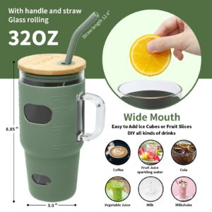 LAOION 32 OZ Glass Tumbler with Handle, Glass Water Bottles with Leakproof Bamboo Lid and Straw, Iced Coffee Cup with Silicone Sleeve and Time Marker, Fits in Cup Holder Spill Proof BPA Free,Sage