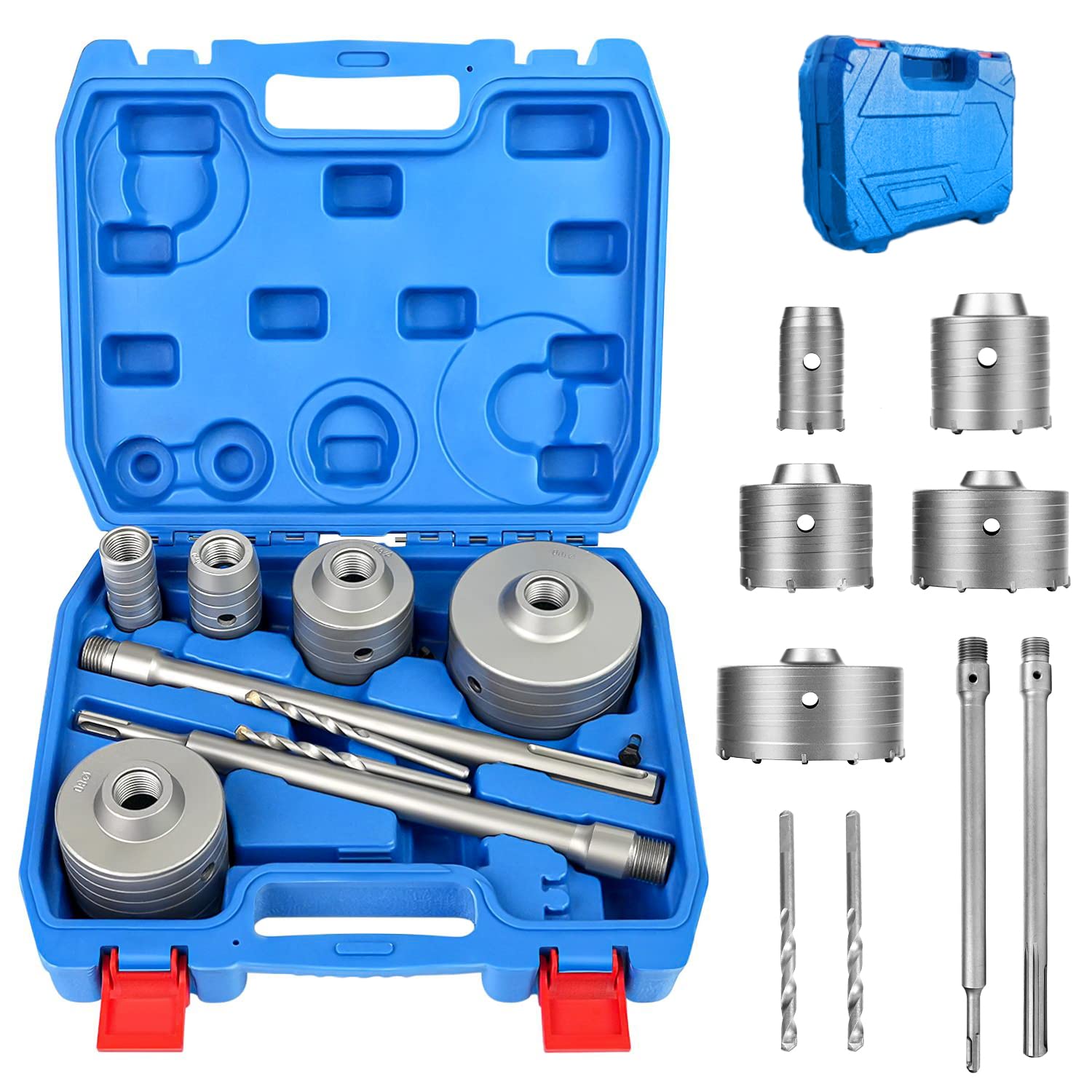 DEHUIWI 9PCS Masonry Hole Saw, Concrete Hole Saw Kit 4 Inch SDS Plus Max Bit Shank for Cement Brick Wall, Carbide Hole Saw Kit 30 40 65 80 100 MM, Diamond Drill Core Bit for Brick, Cement, Stone