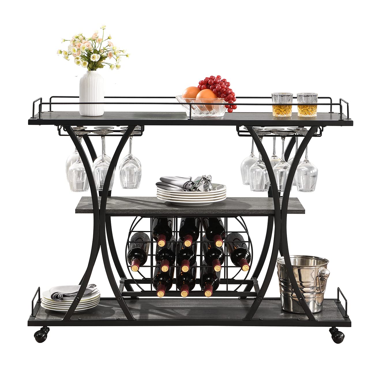 PAG Freestanding Floor Wine Rack with Wine Glass Holder,3 Tier Coffee Bar Cabinet for Home/Kitchen/Living Room/Dining Room,Dark Gray