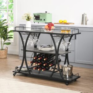 PAG Freestanding Floor Wine Rack with Wine Glass Holder,3 Tier Coffee Bar Cabinet for Home/Kitchen/Living Room/Dining Room,Dark Gray