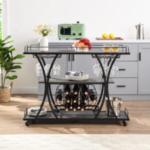 PAG Freestanding Floor Wine Rack with Wine Glass Holder,3 Tier Coffee Bar Cabinet for Home/Kitchen/Living Room/Dining Room,Dark Gray