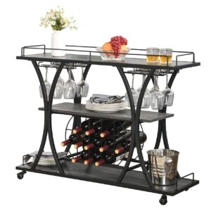 PAG Freestanding Floor Wine Rack with Wine Glass Holder,3 Tier Coffee Bar Cabinet for Home/Kitchen/Living Room/Dining Room,Dark Gray