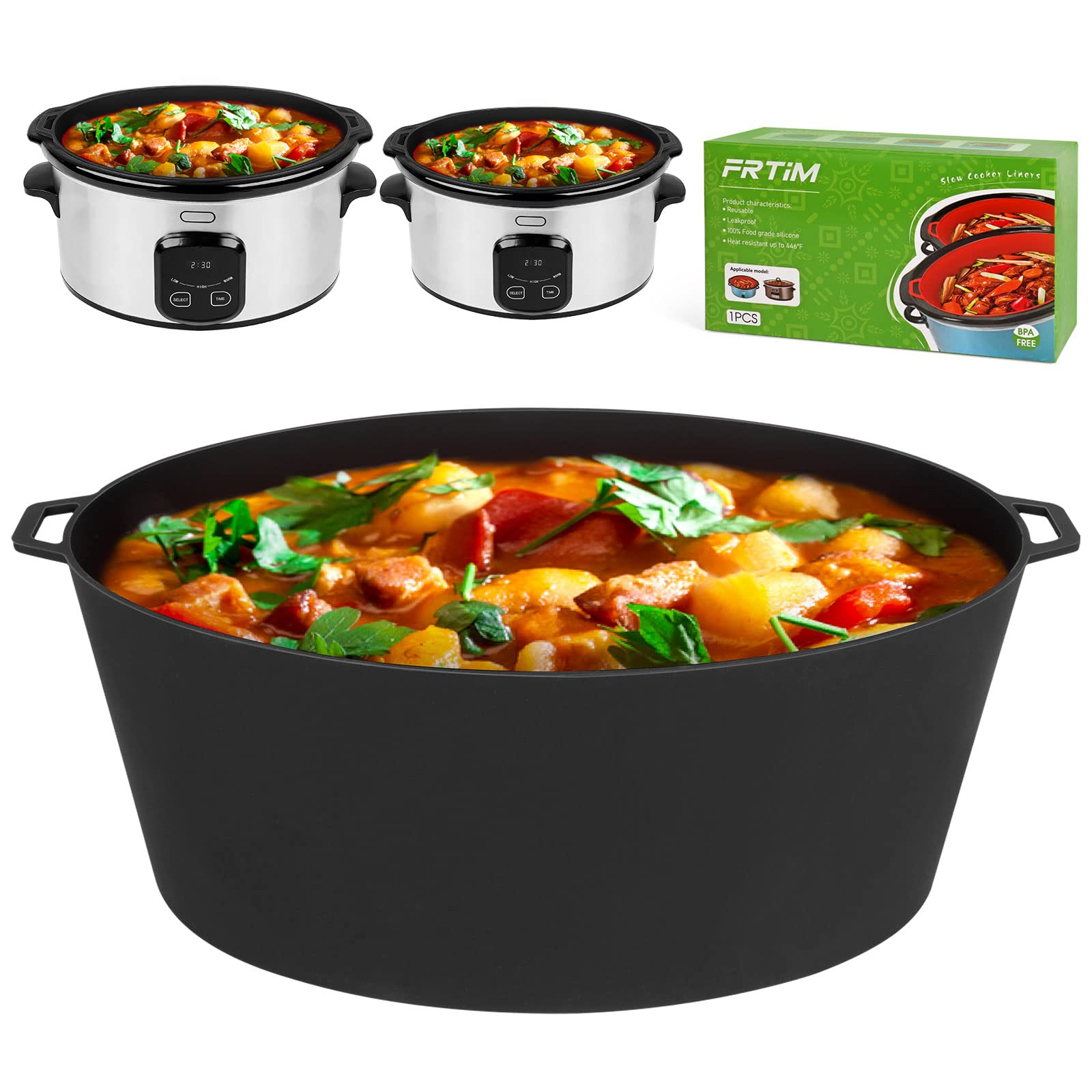 Silicone Crock Pot Liners, FRTIM Reusable Slow Cooker Liners Fit 7-8 Quart Oval Slow Cookers Leakproof Dishwasher Safe Cooking Pot Liner 1PCS - Black