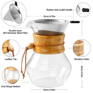 COPOTEA Pour Over Coffee Maker with Double Layer Stainless Steel Filter, 28oz / 800ml Coffee Dripper Brewer, High Heat Resistant Carafe, Wooden Collar Coffee Carafe