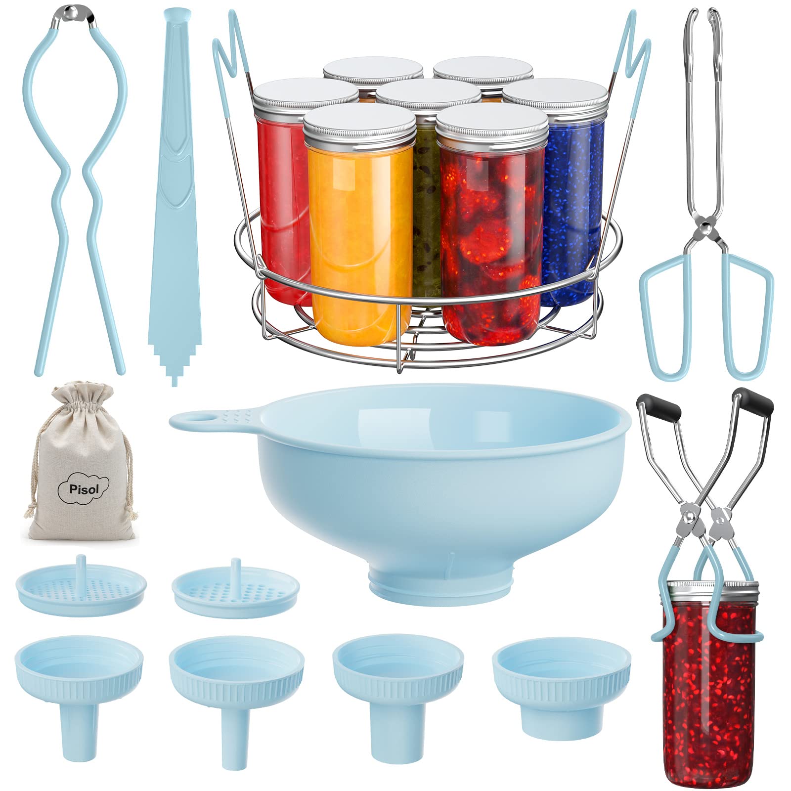 Pisol Canning Supplies Starter Kit, Canning Tools Set with Kitchen Funnel, 4 Sizes Spout and 2 Sizes Strainers, Canning Rack, Kitchen Tongs, Jar Lifter, Jar Wrench, Bubble Popper and Lid Lifter