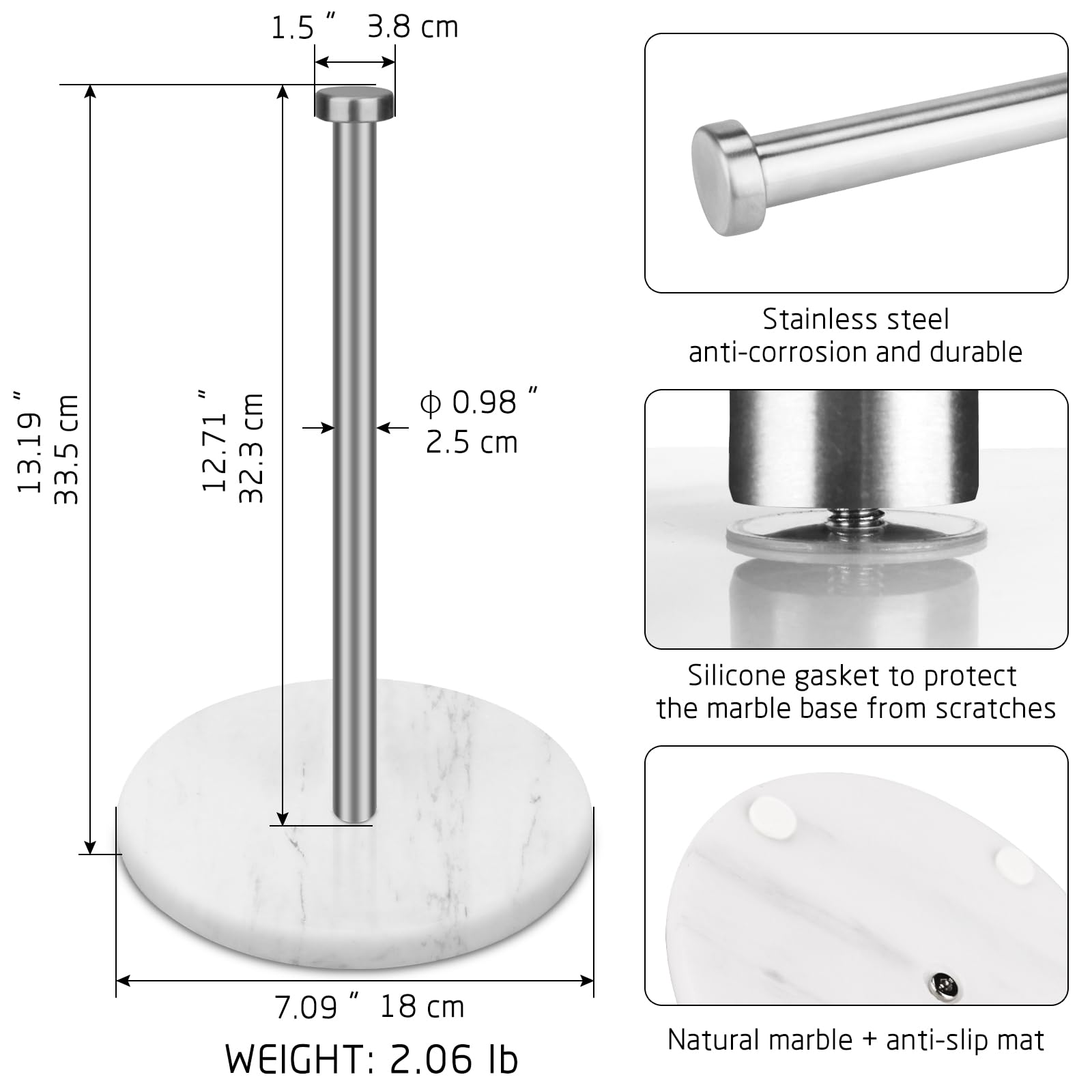 HESHIBI Paper Towel Holder Countertop with 7" Weighted White Marble Base,Modern Free Standing Paper Roll Holder, Brushed Nickel Finish Stainless Steel Stand Paper Towel Holder for Kitchen and Bathroom