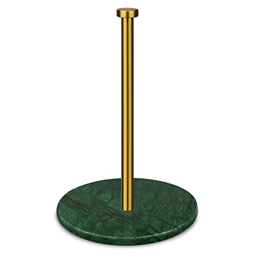 HESHIBI Paper Towel Holder Countertop with 7" Weighted Green Marble Base - Retro Free Standing Paper Roll Holder, Brushed Gold Stainless Steel Stand Paper Towel Holder for Kitchen and Bathroom