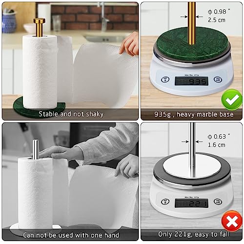 HESHIBI Paper Towel Holder Countertop with 7" Weighted Green Marble Base - Retro Free Standing Paper Roll Holder, Brushed Gold Stainless Steel Stand Paper Towel Holder for Kitchen and Bathroom