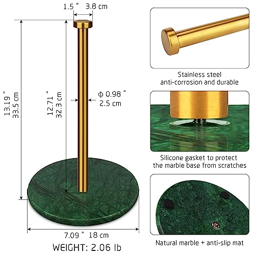 HESHIBI Paper Towel Holder Countertop with 7" Weighted Green Marble Base - Retro Free Standing Paper Roll Holder, Brushed Gold Stainless Steel Stand Paper Towel Holder for Kitchen and Bathroom