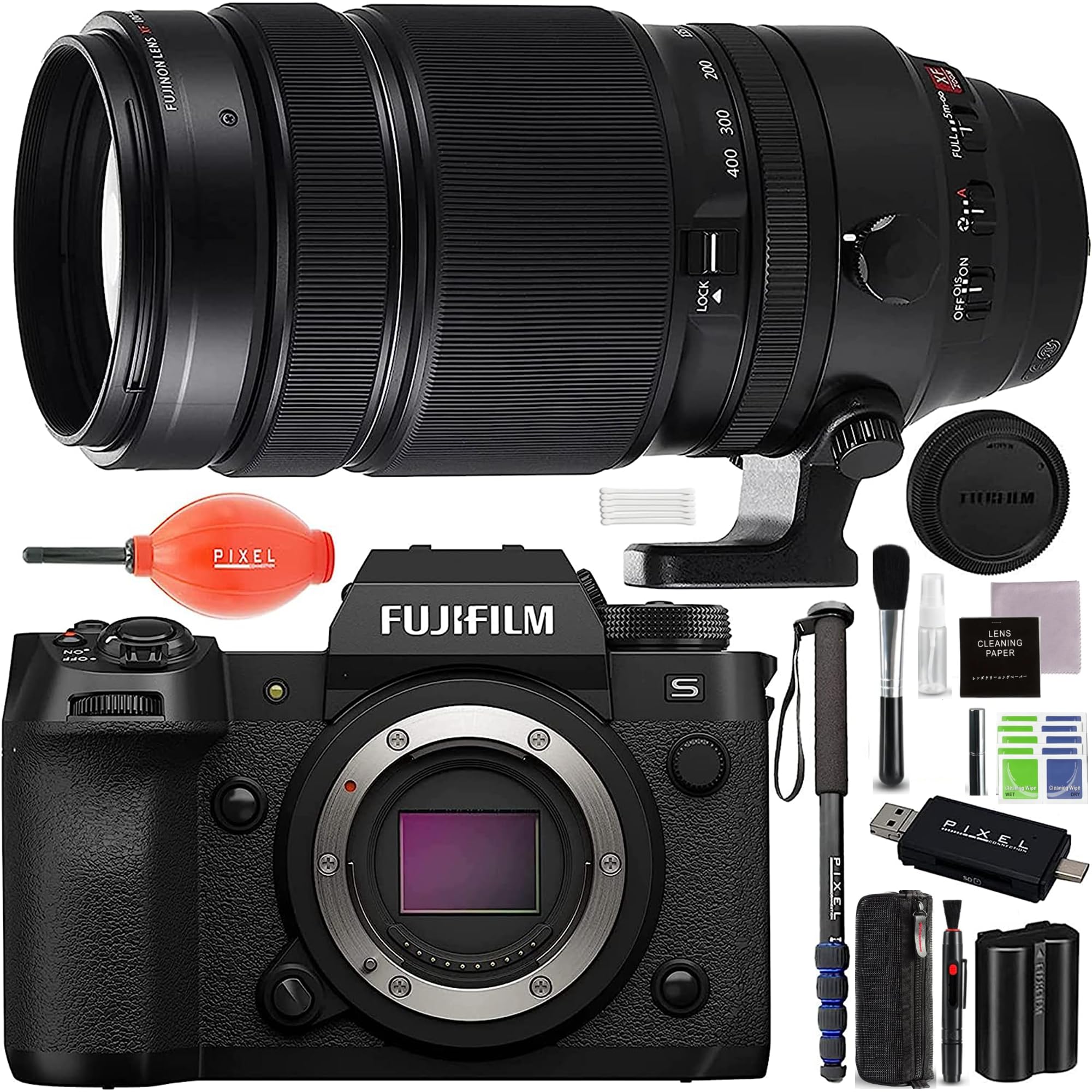 Fujifilm X-H2S Mirrorless Camera with Fujifilm XF100-400MM f/4.5-5.6 R LM OIS WR Lens, Pixel Cleaning Kit, Monopod + Advanced Accessory & Travel Bundle | XF100-400 | Fujifilm XH2S