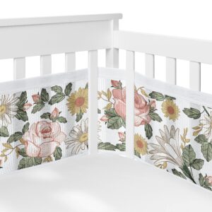 sweet jojo designs + breathablebaby blush pink yellow vintage floral boho girl breathable mesh crib liner baby infant bohemian shabby chic daisy flower farmhouse wildflower leaf sage green