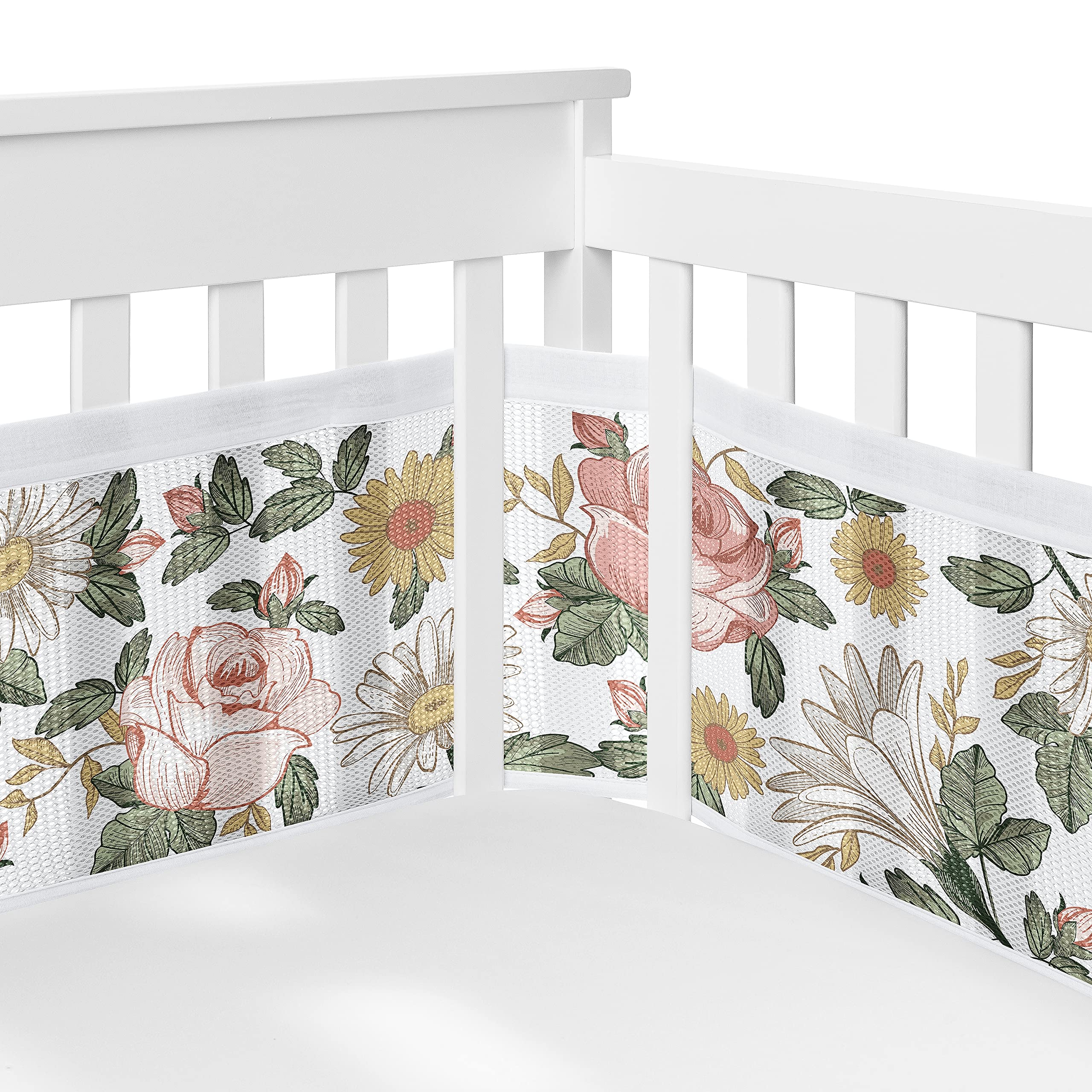 Sweet Jojo Designs + BreathableBaby Blush Pink Yellow Vintage Floral Boho Girl Breathable Mesh Crib Liner Baby Infant Bohemian Shabby Chic Daisy Flower Farmhouse Wildflower Leaf Sage Green