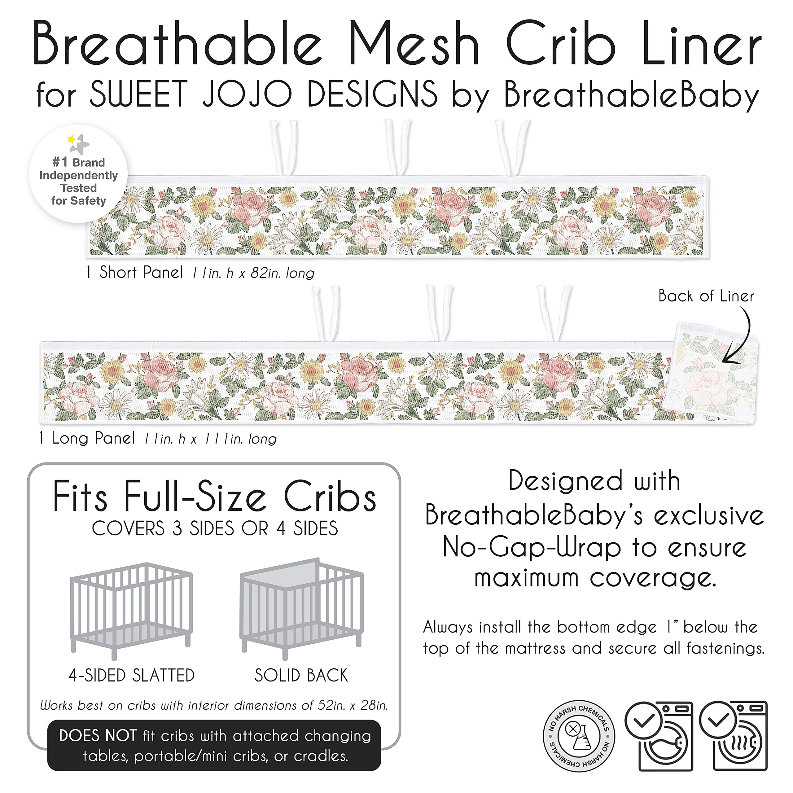 Sweet Jojo Designs + BreathableBaby Blush Pink Yellow Vintage Floral Boho Girl Breathable Mesh Crib Liner Baby Infant Bohemian Shabby Chic Daisy Flower Farmhouse Wildflower Leaf Sage Green