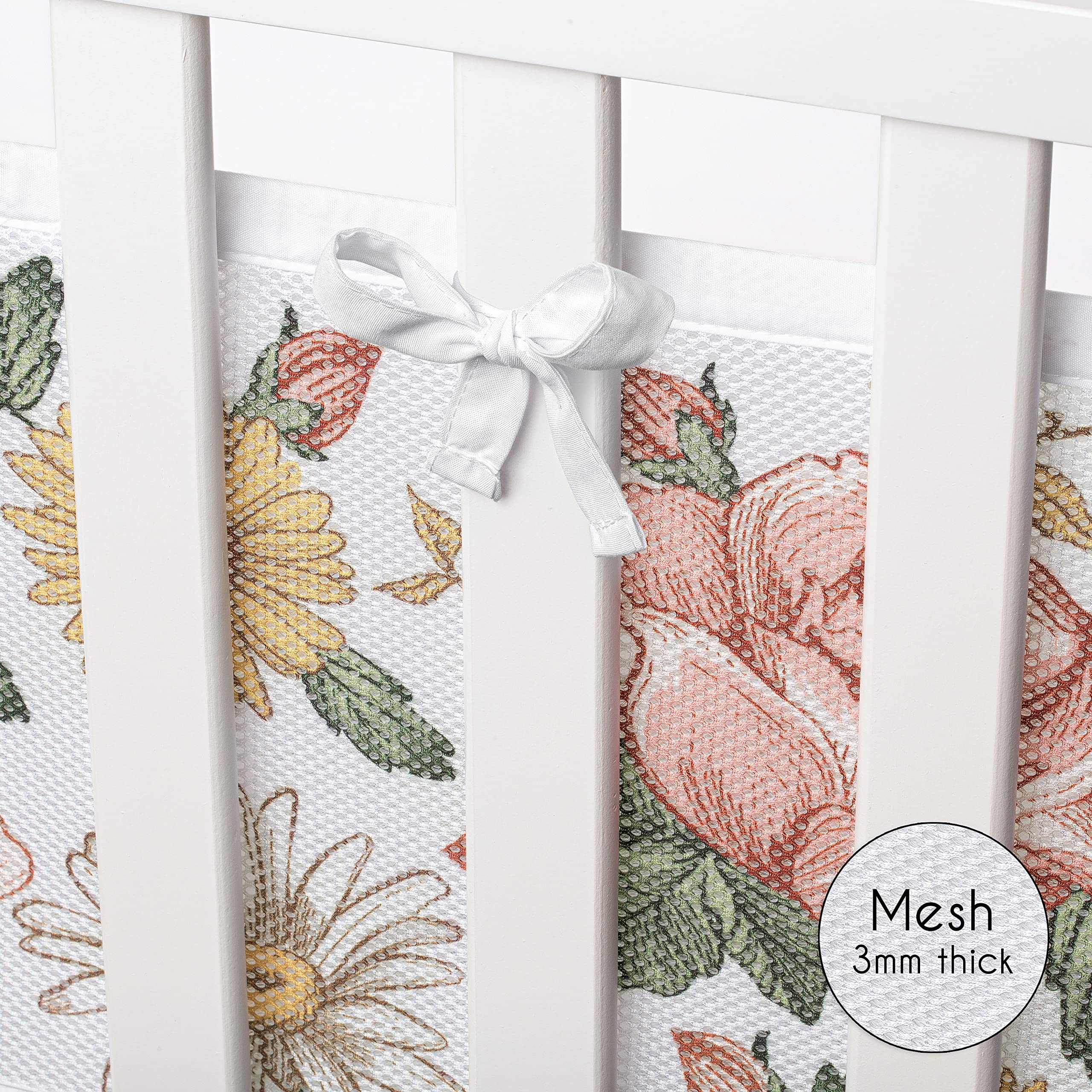 Sweet Jojo Designs + BreathableBaby Blush Pink Yellow Vintage Floral Boho Girl Breathable Mesh Crib Liner Baby Infant Bohemian Shabby Chic Daisy Flower Farmhouse Wildflower Leaf Sage Green