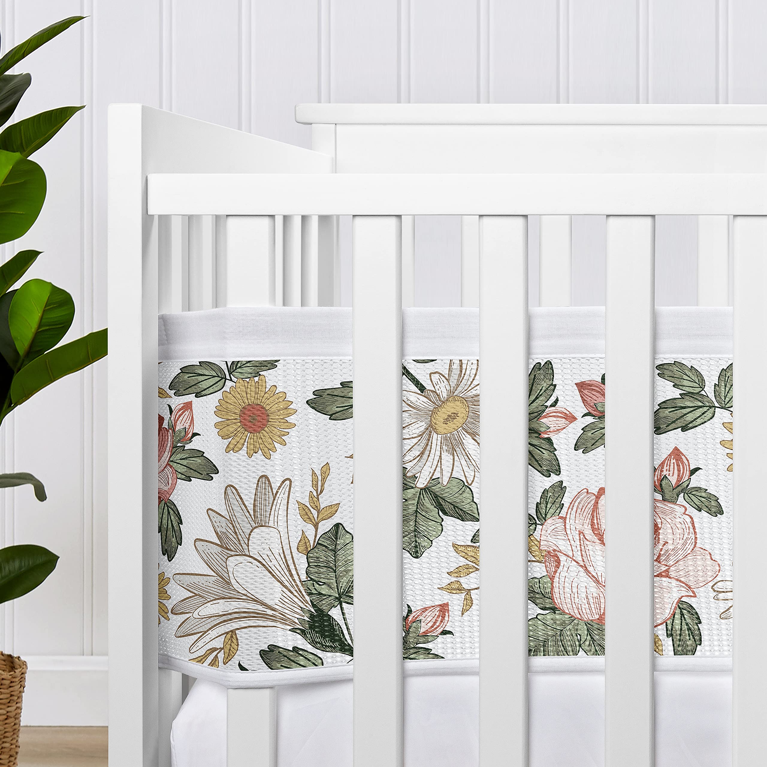 Sweet Jojo Designs + BreathableBaby Blush Pink Yellow Vintage Floral Boho Girl Breathable Mesh Crib Liner Baby Infant Bohemian Shabby Chic Daisy Flower Farmhouse Wildflower Leaf Sage Green