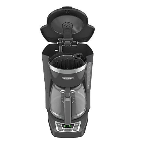 BLACK+DECKER 12-Cup Digital Coffee Maker, CM1165GY, Programmable, Washable Basket Filter, Sneak-A-Cup, Auto Brew, Water Window, Keep Hot Plate, Grey