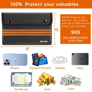 Fireproof Money Bag, 5200°F Heat Insulated Waterproof Bag, (9x6'') 8 Layers of Functional Materials, Reflective Strip for Fast Find, Protect Your Document and Currency, Passport, Valuables (2 Pcs)