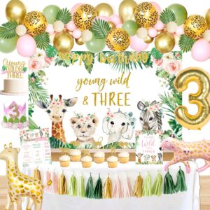 yshmfeux young wild & three birthday decorations party supplies, wild three birthday decorations for girl, jungle safari animal 3rd birthday decorations girl, wild and three backdrop balloons arch