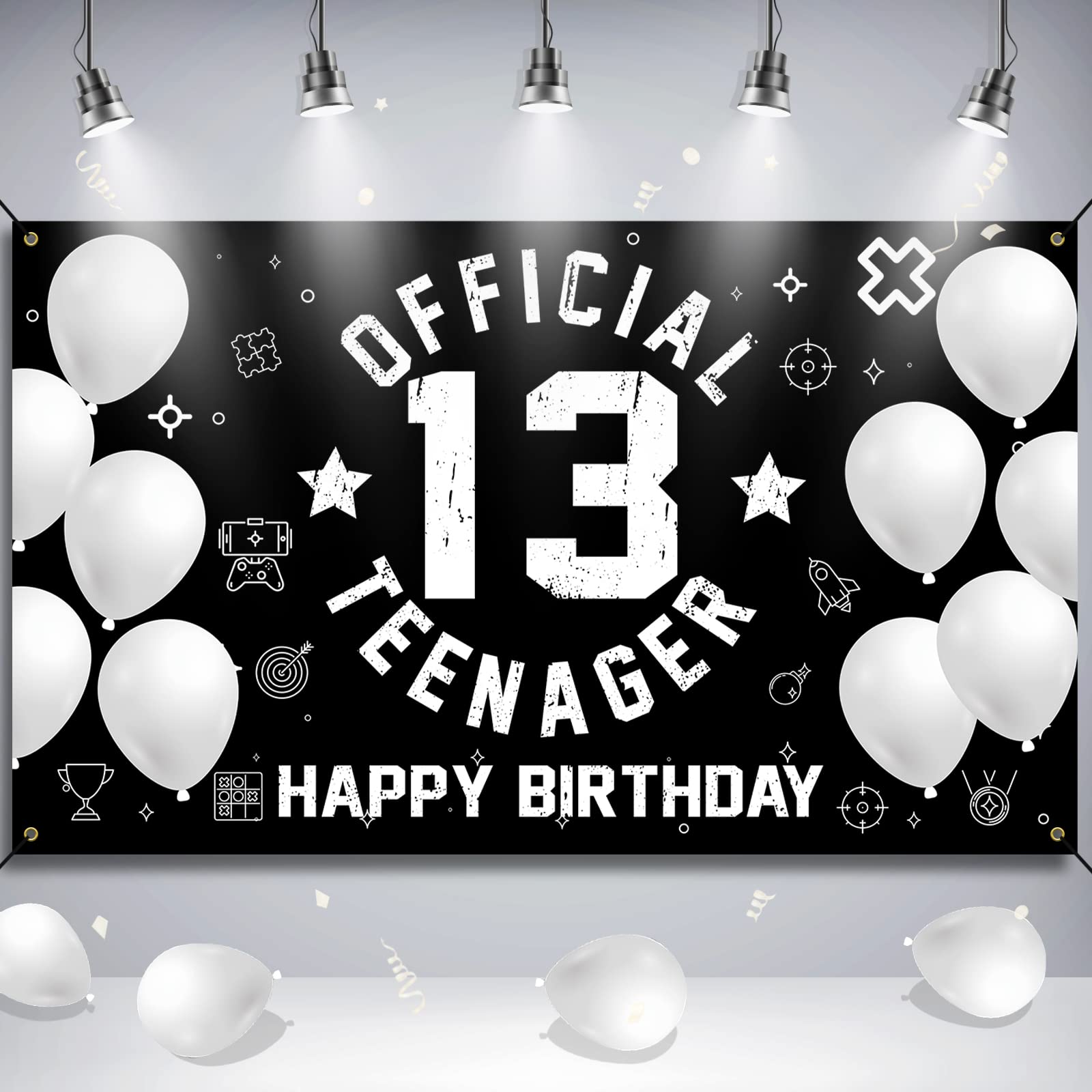 HTDZZI 13th Birthday Backdrop Banner, Happy 13th Birthday Decoration for Boys Girls, Official Teenager 13 Birthday Party Yard Sign, 13 Year Old Birthday Photo Booth Props Decor, Fabric, Black White