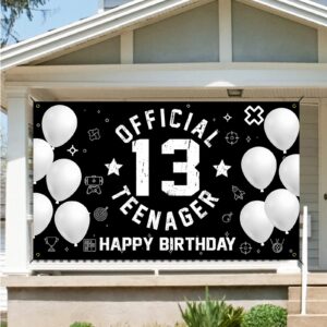 HTDZZI 13th Birthday Backdrop Banner, Happy 13th Birthday Decoration for Boys Girls, Official Teenager 13 Birthday Party Yard Sign, 13 Year Old Birthday Photo Booth Props Decor, Fabric, Black White