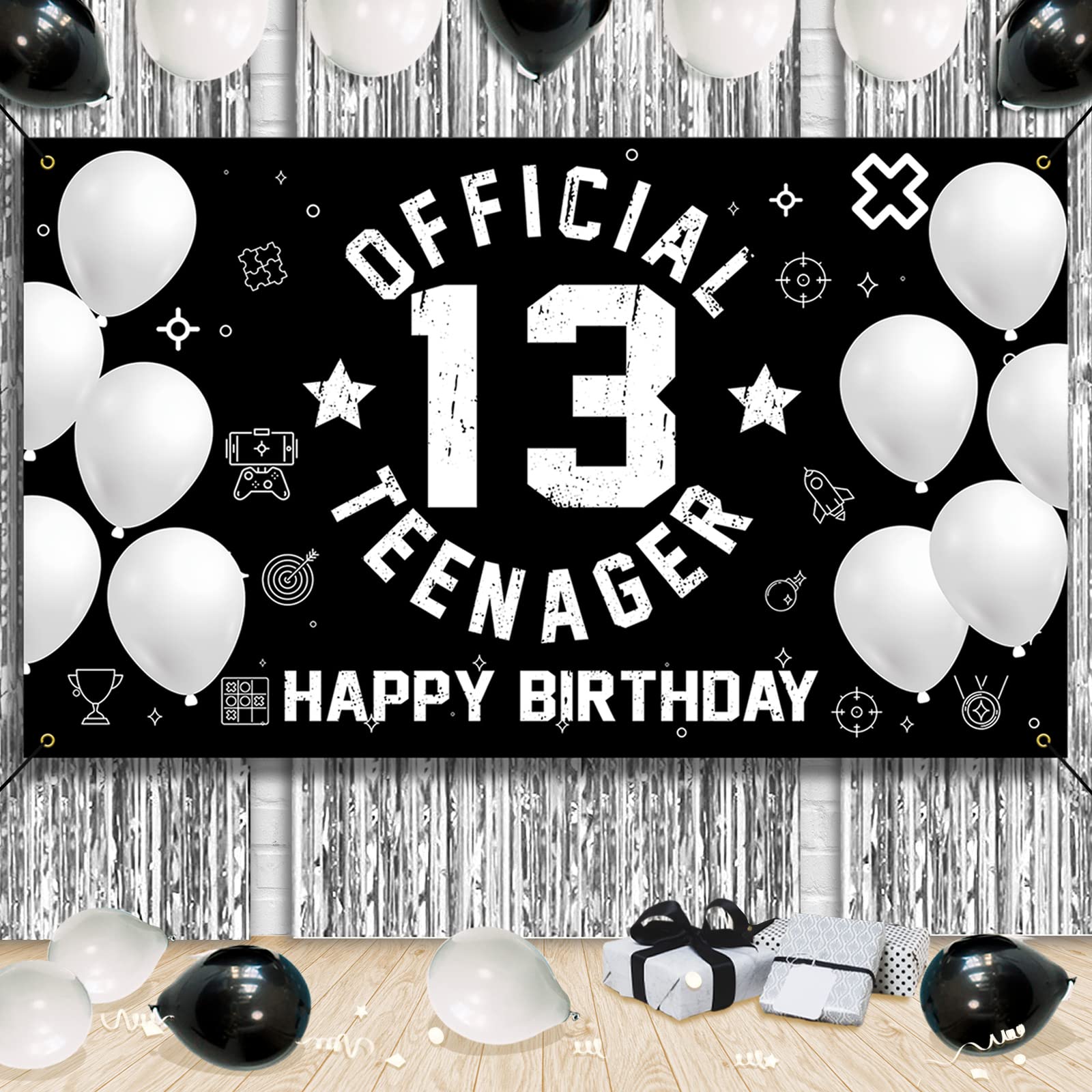 HTDZZI 13th Birthday Backdrop Banner, Happy 13th Birthday Decoration for Boys Girls, Official Teenager 13 Birthday Party Yard Sign, 13 Year Old Birthday Photo Booth Props Decor, Fabric, Black White