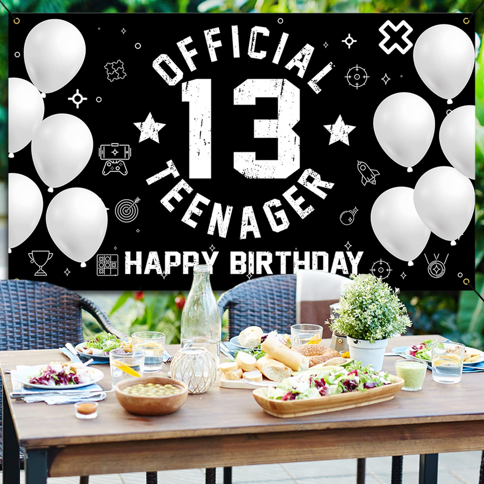 HTDZZI 13th Birthday Backdrop Banner, Happy 13th Birthday Decoration for Boys Girls, Official Teenager 13 Birthday Party Yard Sign, 13 Year Old Birthday Photo Booth Props Decor, Fabric, Black White