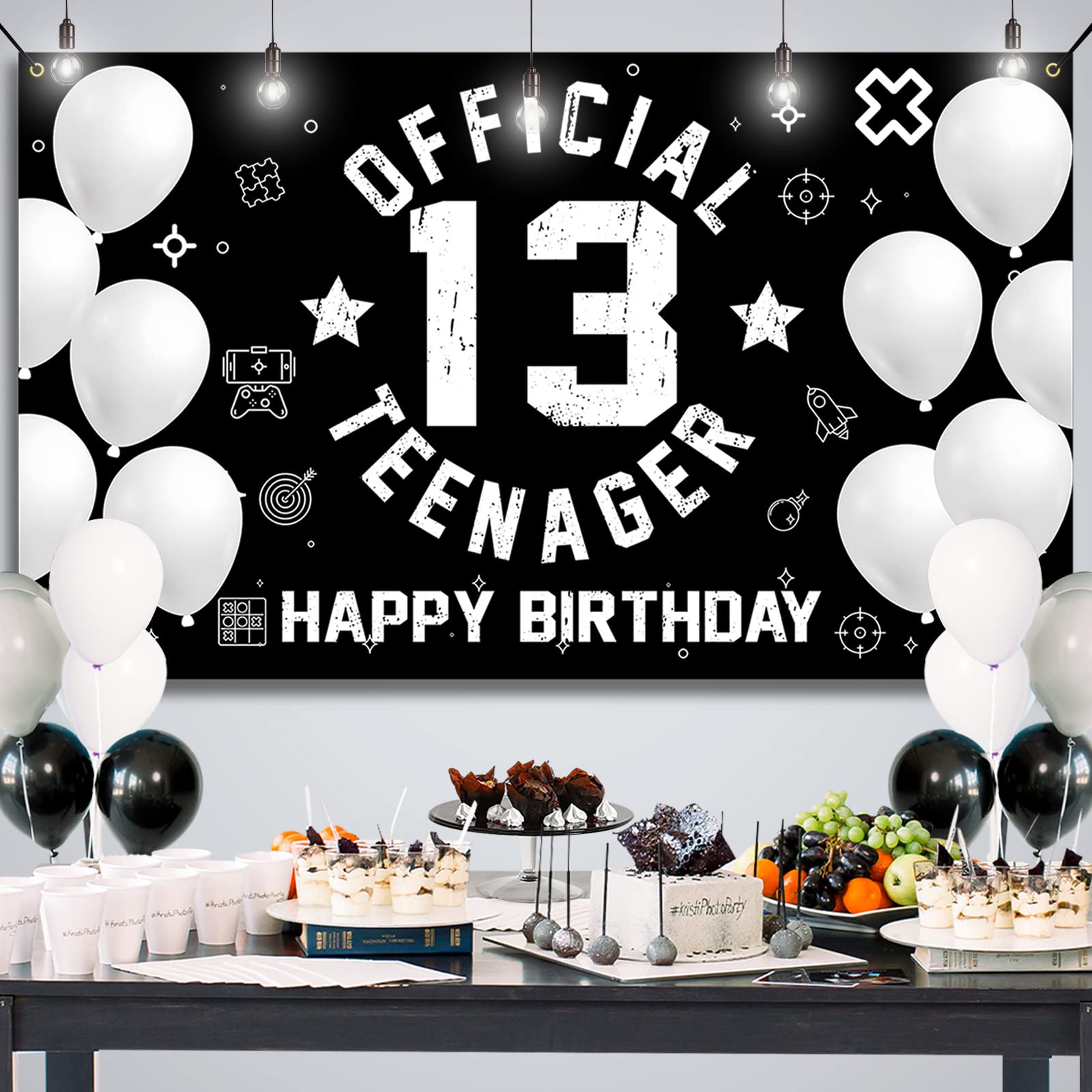 HTDZZI 13th Birthday Backdrop Banner, Happy 13th Birthday Decoration for Boys Girls, Official Teenager 13 Birthday Party Yard Sign, 13 Year Old Birthday Photo Booth Props Decor, Fabric, Black White