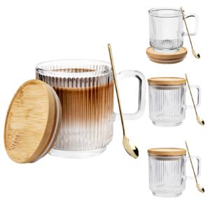 rechano [4 pack, 12 oz] glass coffee mugs with lids and spoon, ribbed drinking glass, vertical stripes glass tea cup, coffee bar accessories, iced coffee glasses, ideal for cappuccino, latte, tea