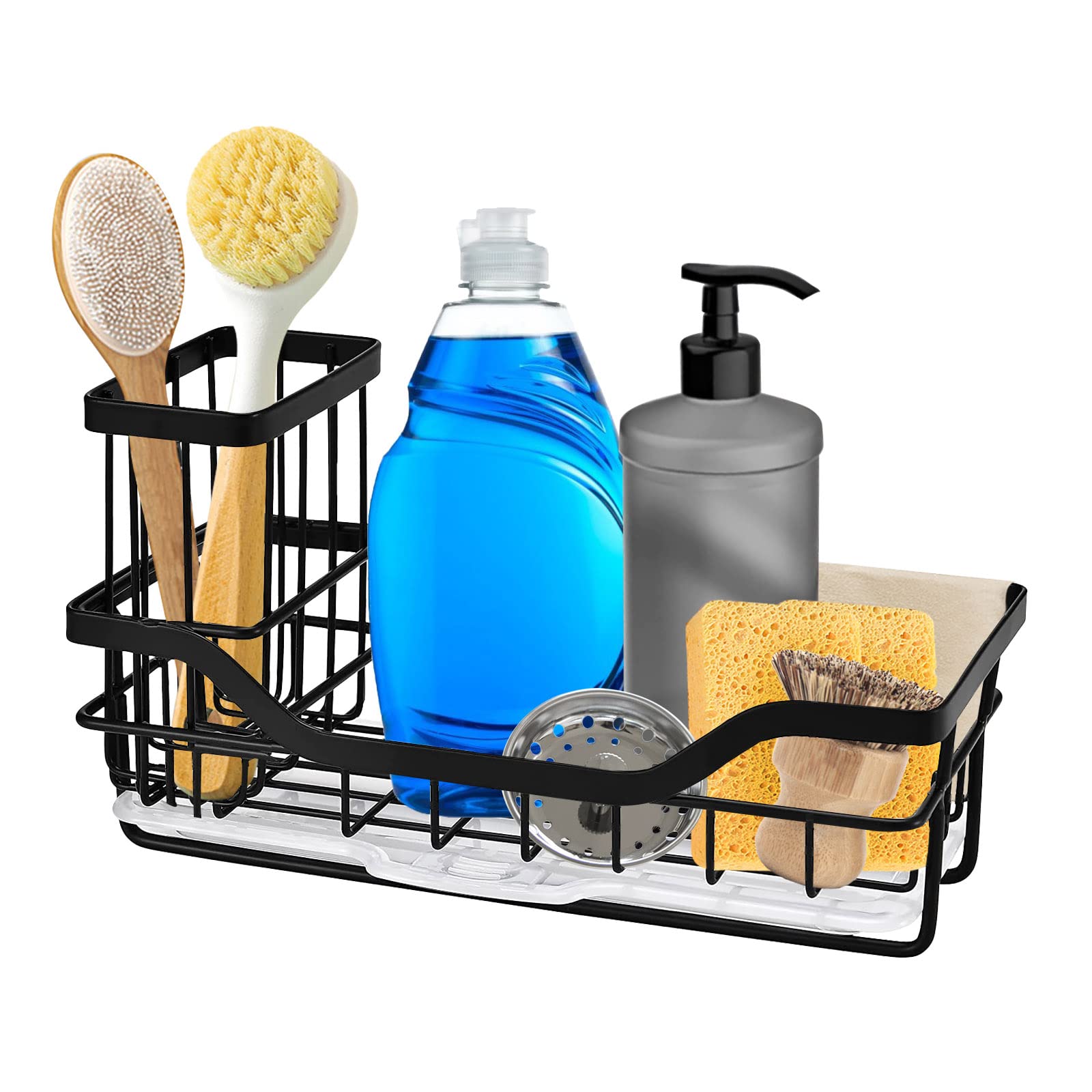 KKREJA Kitchen Sink Caddy Stainless Steel Sink Organizer with Detachable Brush Holder Sponge Holder with Removable Drip Tray for Countertop Storage