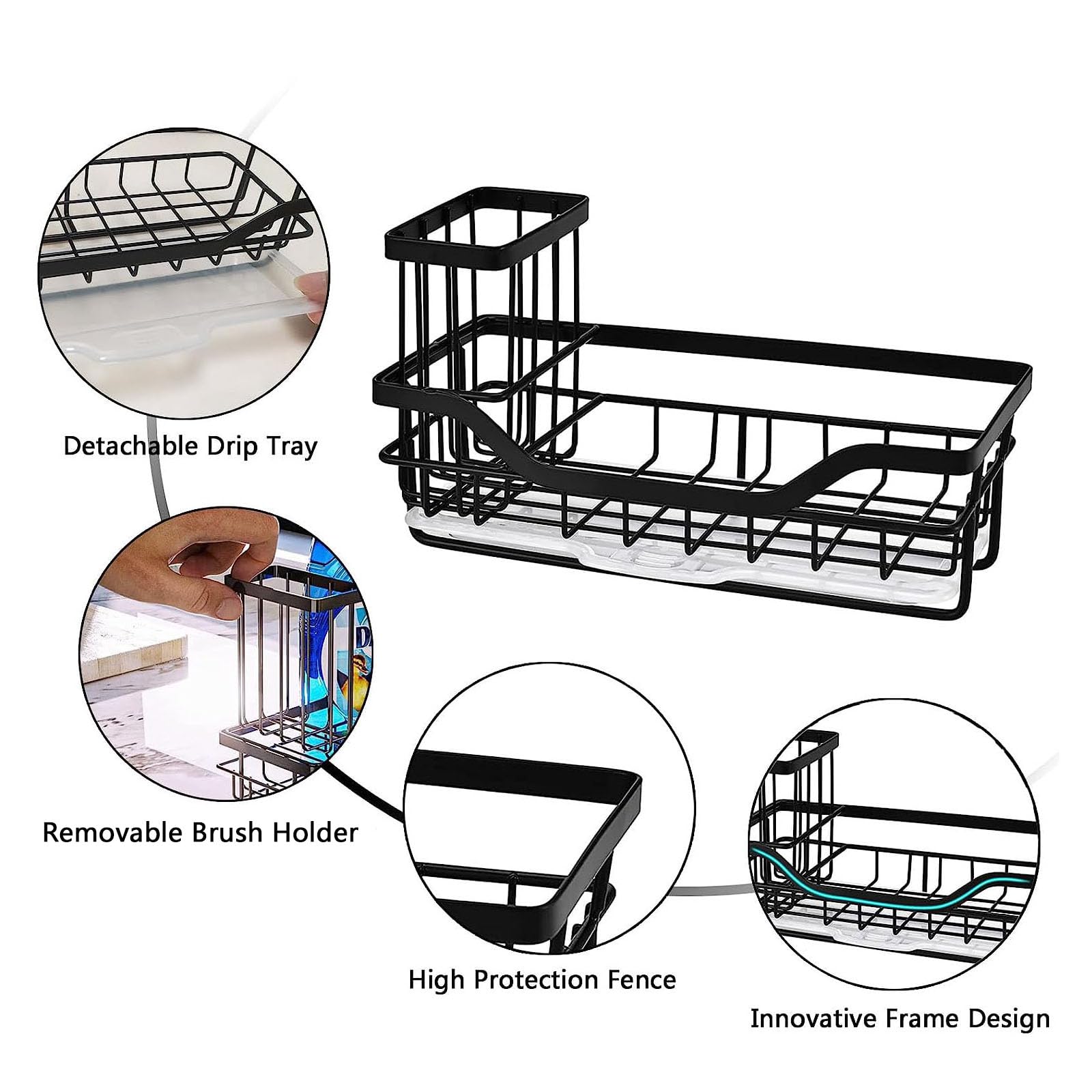 KKREJA Kitchen Sink Caddy Stainless Steel Sink Organizer with Detachable Brush Holder Sponge Holder with Removable Drip Tray for Countertop Storage