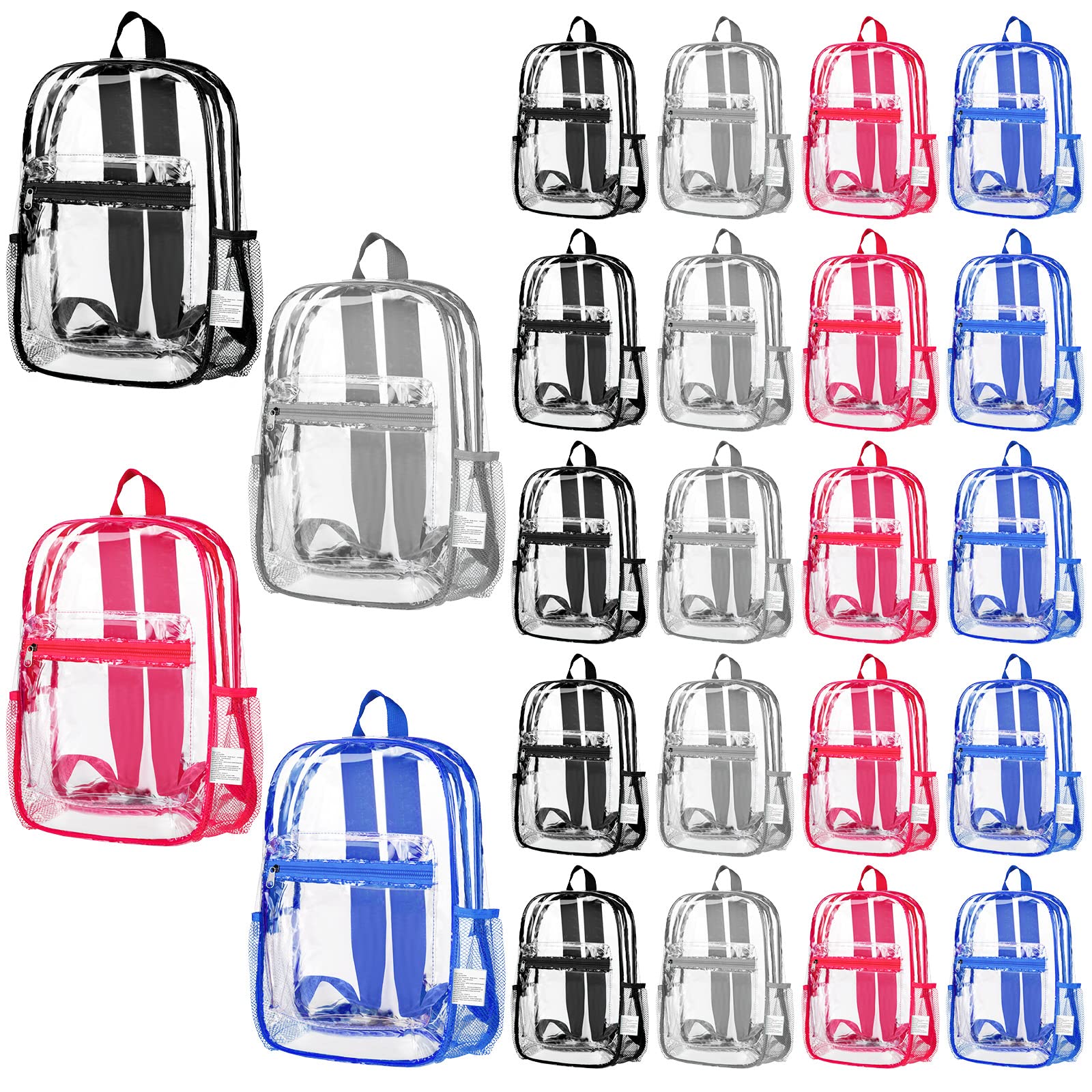 Silkfly 24Pack Clear Backpacks Bulk PVC Transparent Bookbags Heavy Duty See Through Bags with Pockets for Stadium Work Travel (15 x 11 x 3.6 Inches)