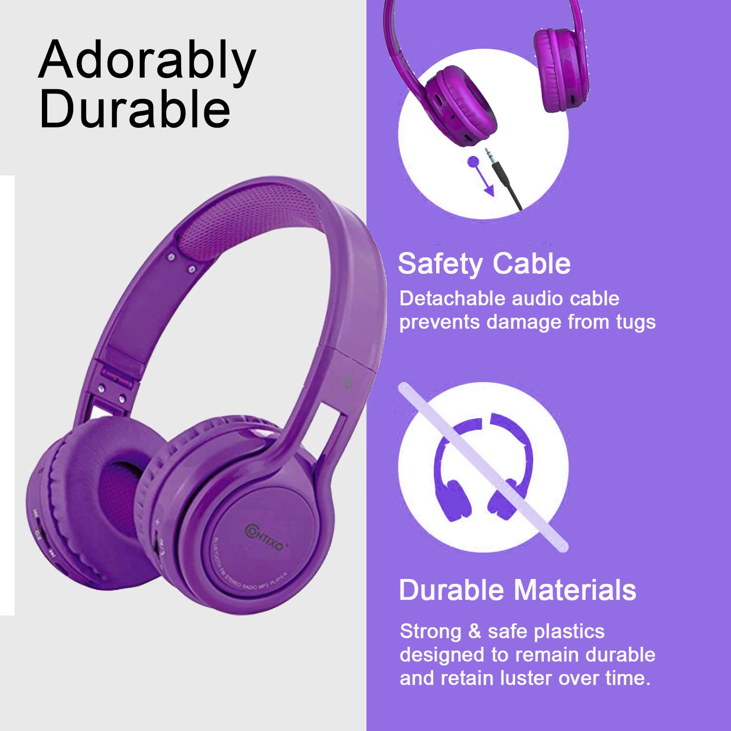 Contixo Kids Tablet, V8 Tablet for Kids and KB-2600 Kids Foldable Wireless Bluetooth Headphone Bundle, Learning Tablet, Parental Control Family Link - Purple