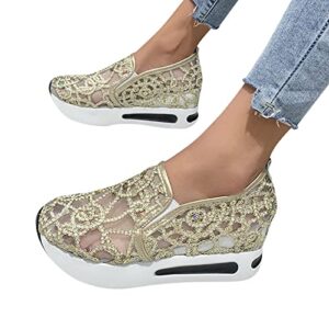 Mzluyin Platform Fashion Sneakers for Women Casual Mesh Breathable Wedges Pointed Toe Thick Bottom High Heel Low Top Shoes Slip On Flat Walking Shoes Play Sneakers Sheer Loafers