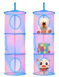 sutinban 2 pcs hanging mesh storage basket for kids room, bathroom and balcony, 3 tier foldable corner hanging organizer, for organizing plush toys,socks storage,pink-orange-blue tiedye(blue)