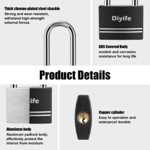 Diyife Padlock with Key, [2 Pack] [Waterproof] Lock with Key, Long Shackle Padlocks for Outdoor Anti-Rust, Small Covered Aluminum Padlock with 4 Alike Keys for Gym Locker, Fence, Shed