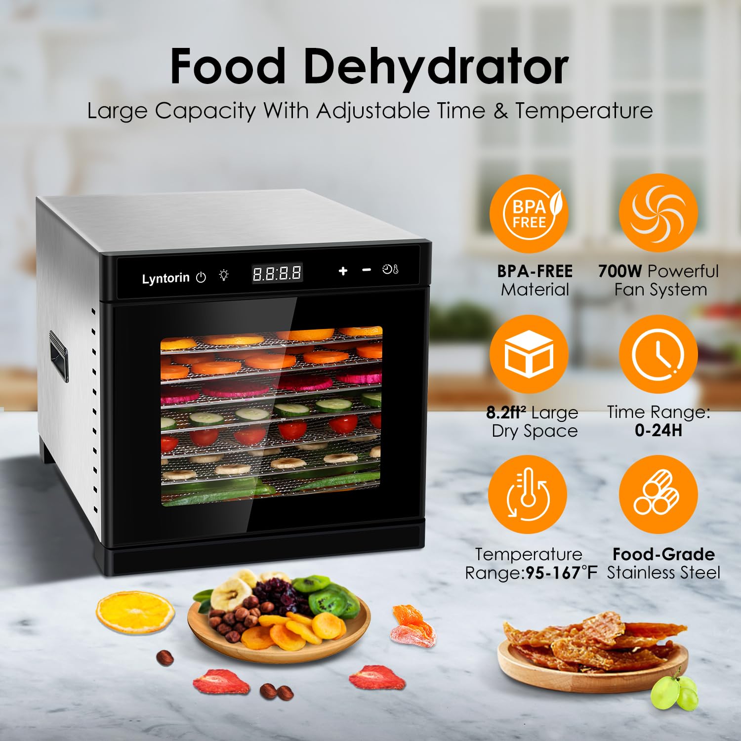 LynTorin Food Dehydrator Machine, 700W 8 Trays Dehydrators for Food and Jerky with 95-167℉ Temperature & 24H Timer, Food Dehydrator 19pcs Tray&Sheet