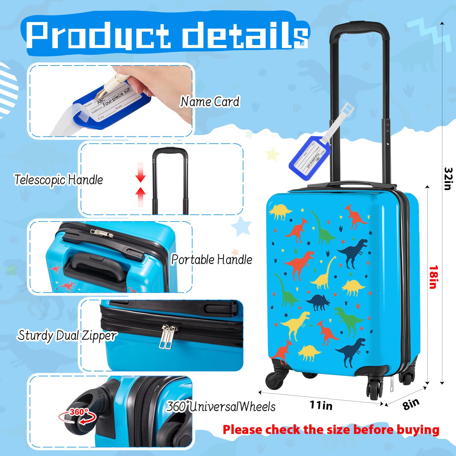 Redbaker 6 Pcs Kids Luggage Set 18 Inch Kids Rolling Luggage Gift for Christmas Kids Suitcase for Girls Boys Kids Suitcase(Dark Blue, Dinosaur Style)