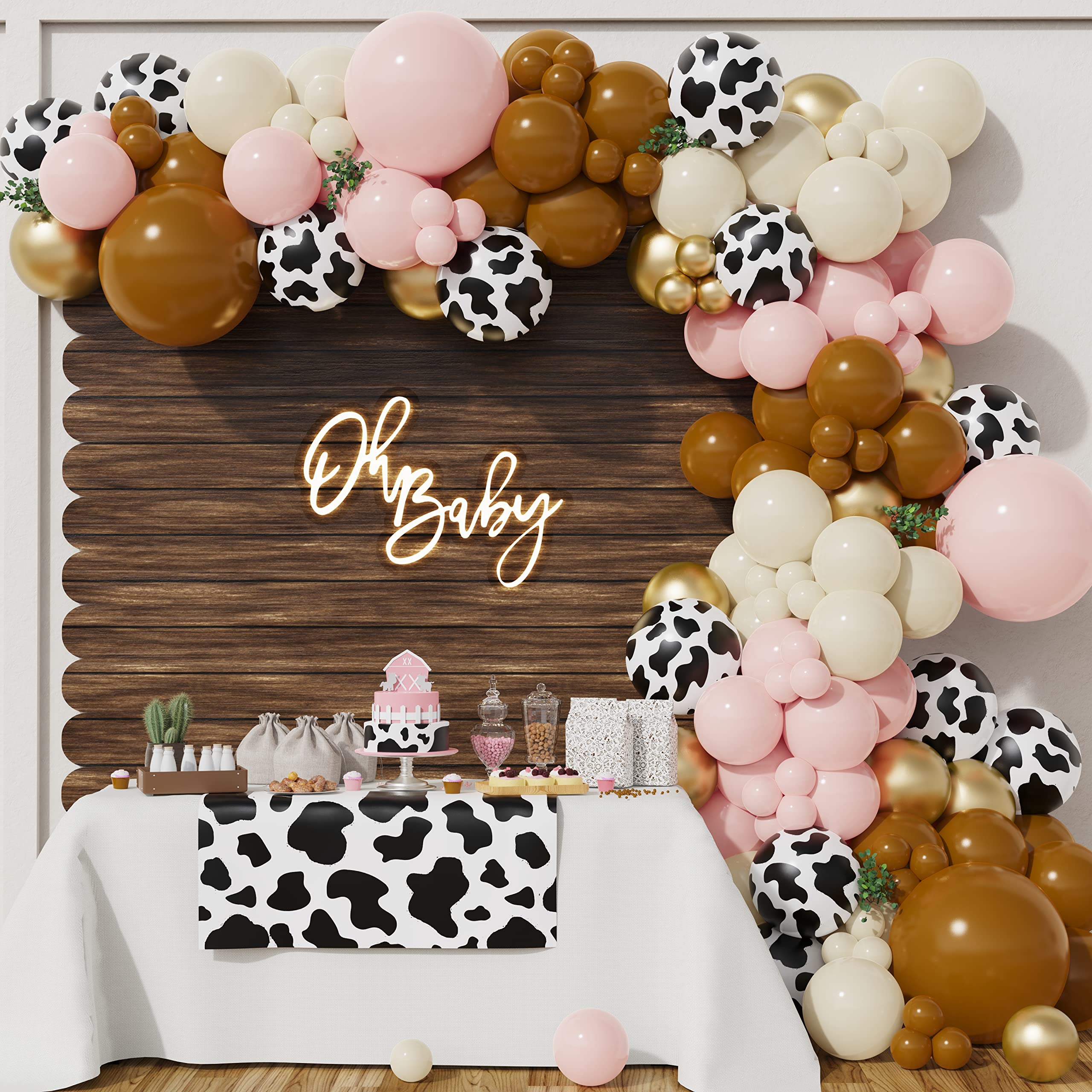 BALONAR 135Pcs Cowgirl Pink Balloons Arch Garland Kit with 18/10/5inch Sand White Coffee Cow Print Farm Animal Gold Balloons for Girl Birthday Party Baby Shower Birthday Supplies ((Pink)