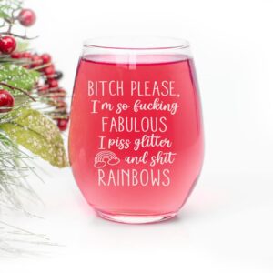 Funny Wine Glass Gift For Women - Please I'm So Fabulous I Pee Glitter Stemless Wine Glass - Unique Inspirational Gifts For Women Best Friends Sisters Bff Girlfriends - Birthday Christmas Gifts