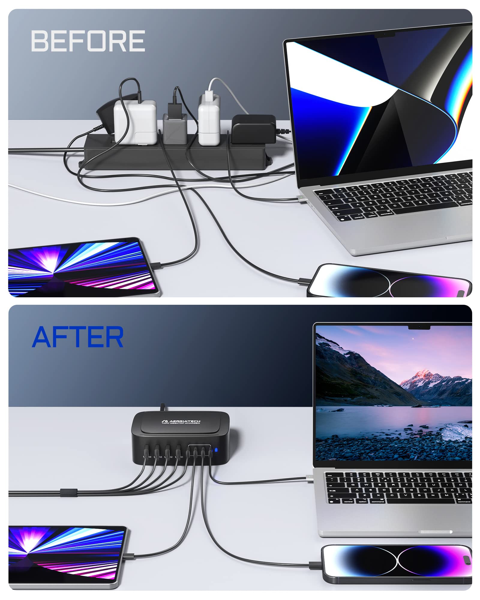 Aergiatech 140W USB C Charger, 8-Port Charging Hub for Multiple Devices, 65W and 45W PD3.0 Fast Charging Laptop Power Adapter for MacBook Pro/Air, iPhone iPad Samsung and More