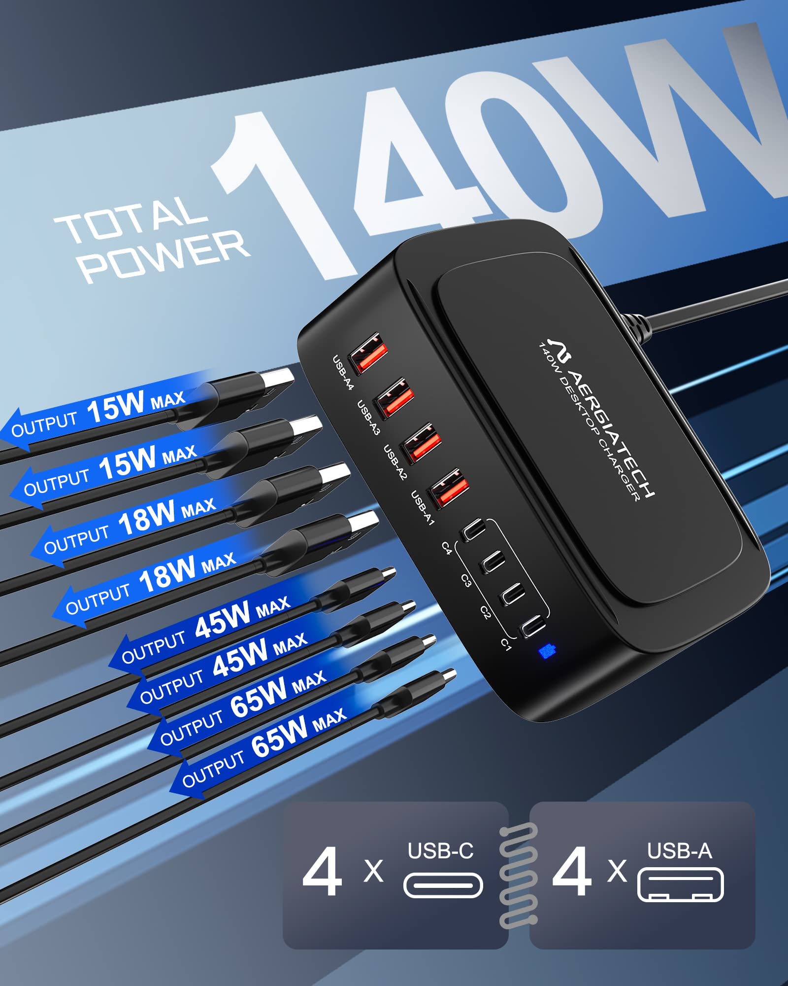 Aergiatech 140W USB C Charger, 8-Port Charging Hub for Multiple Devices, 65W and 45W PD3.0 Fast Charging Laptop Power Adapter for MacBook Pro/Air, iPhone iPad Samsung and More