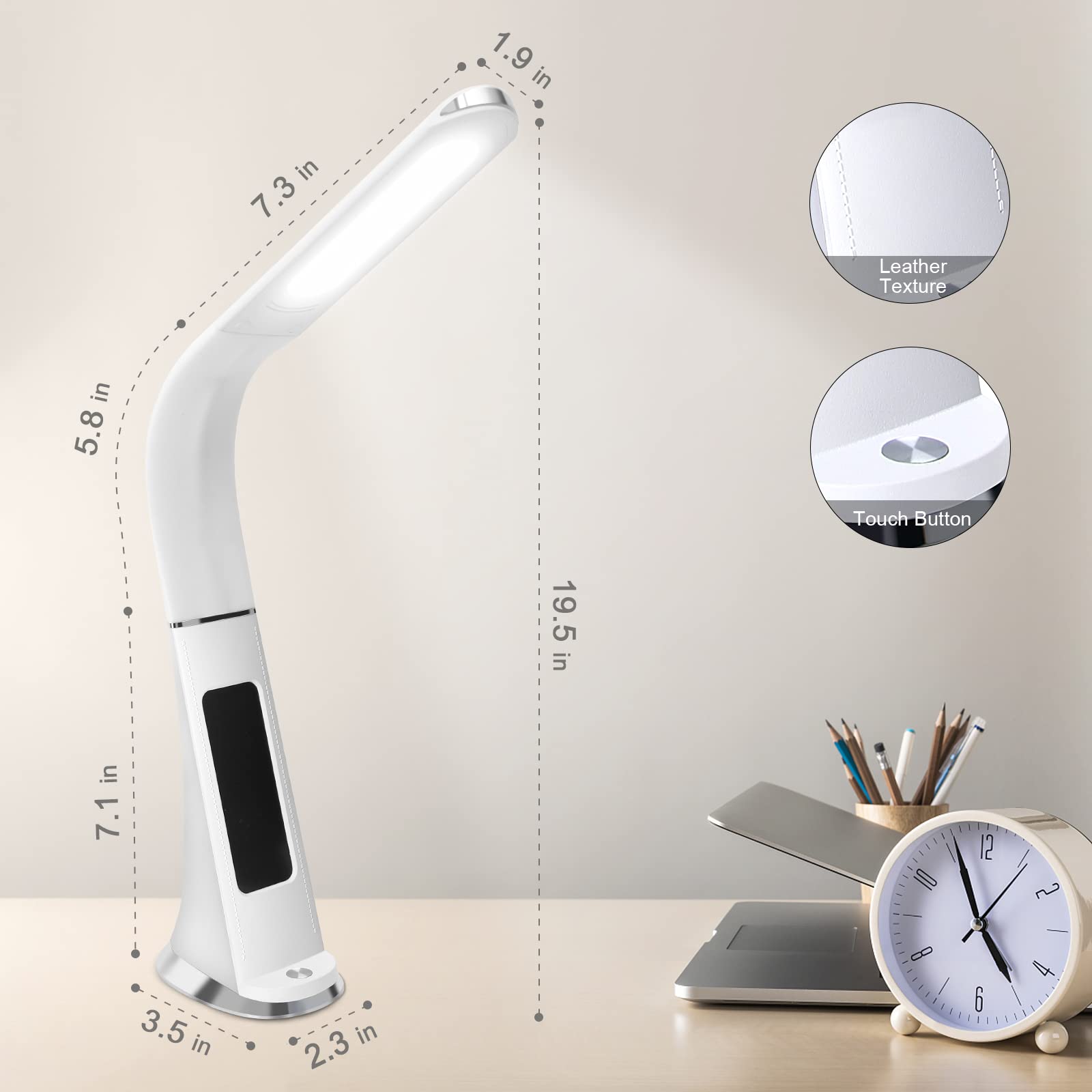 LED Desk Lamp with Digital Display Calendar Temperature,Rechargeable Desk Lamp for Home Office with Adjustable Neck,Dimmable Reading Light with Touch Control,Cordless Study Lamp with USB Charging Port