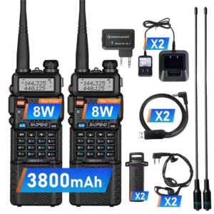 baofeng uv-5r ham radio handheld 8 watt two way radio walkie talkies with tidradio wireless programmer long range dual band usb rechargerable 3800mah battery earpiece 2 pack