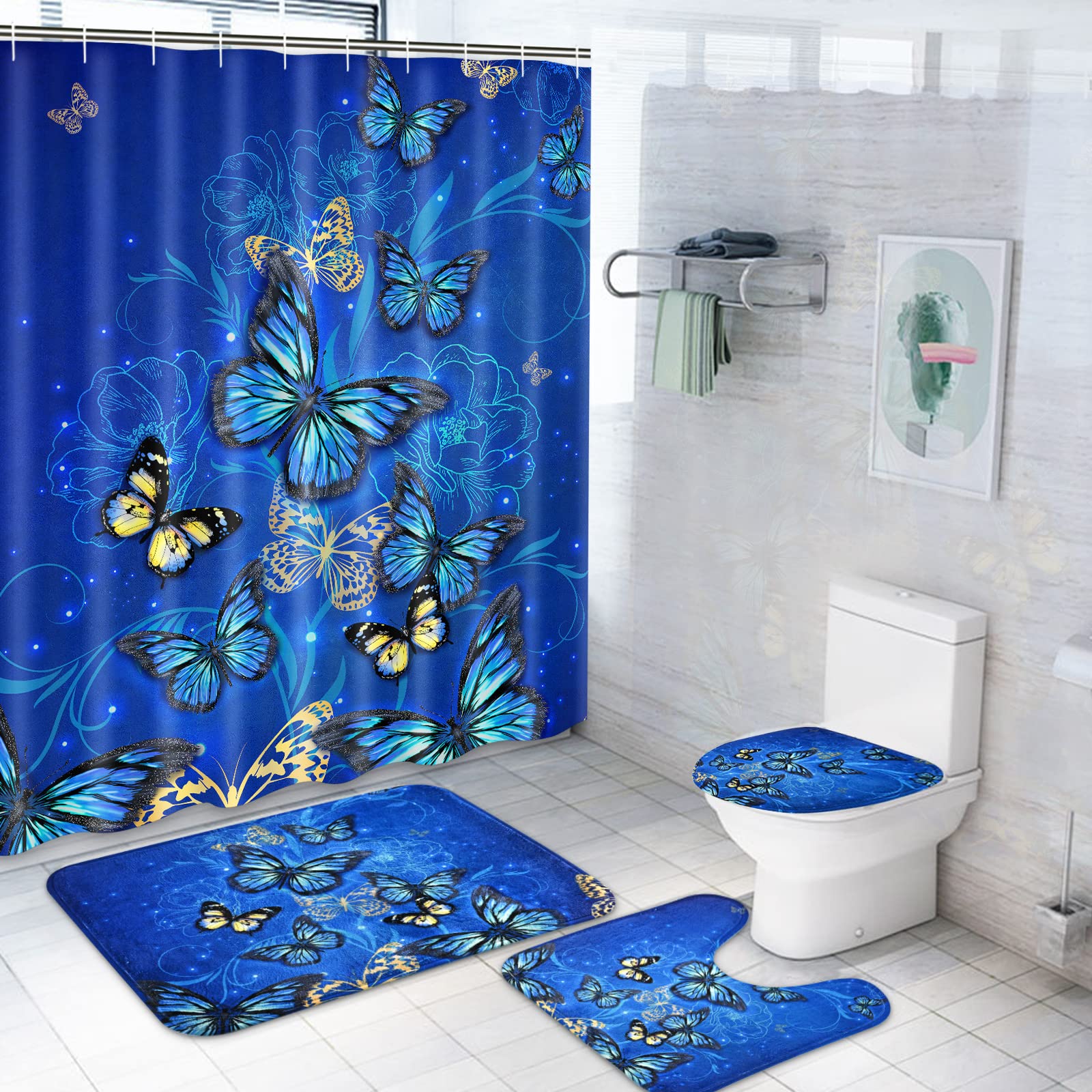 Claswcalor Teal Daisy Shower Curtain Set Rustic Farmhouse Floral Bathroom Sets with Shower Curtain and Rugs Butterfly Turquoise Shower Curtain Sets with Rugs and Toilet Lid Cover for Bathroom Decor