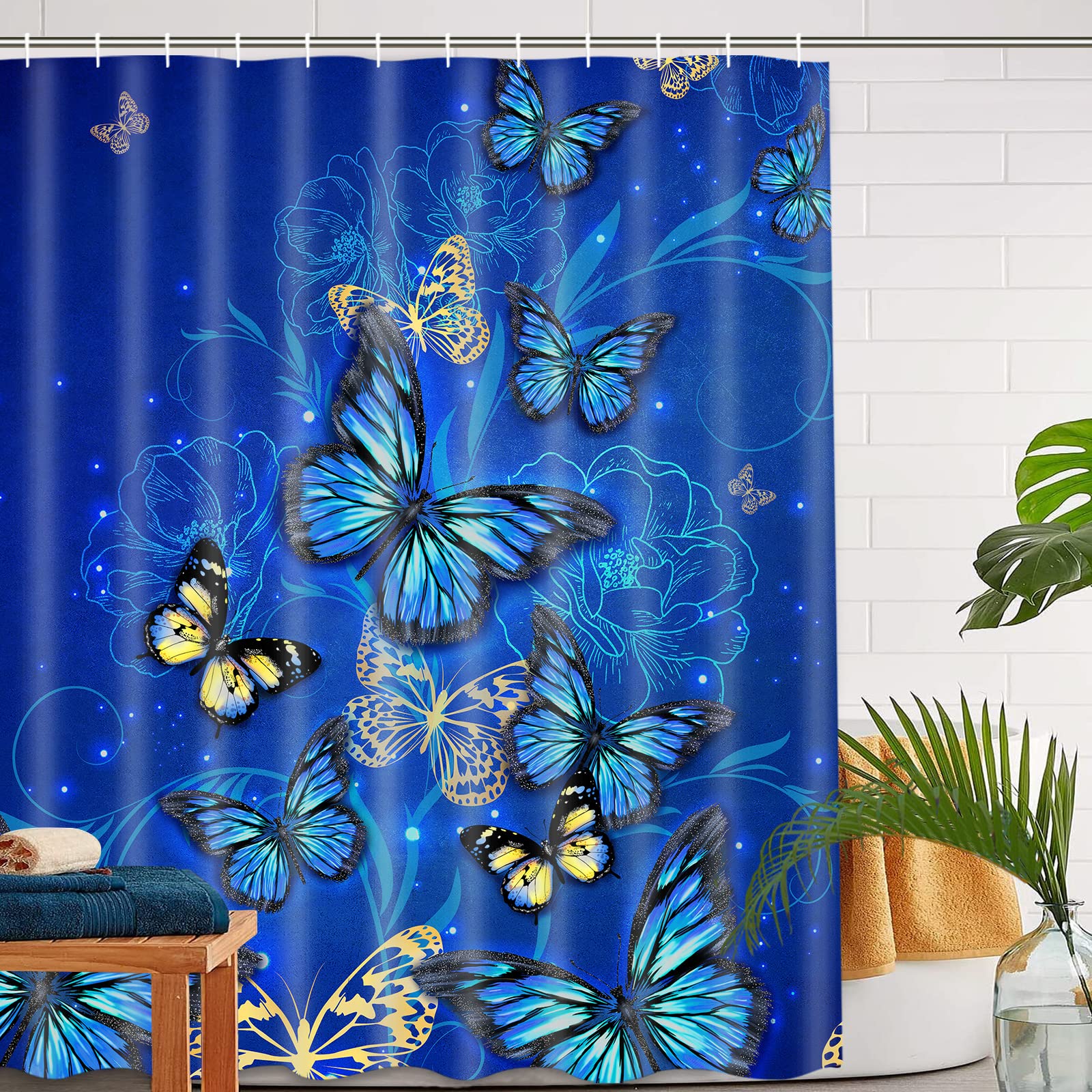 Claswcalor Teal Daisy Shower Curtain Set Rustic Farmhouse Floral Bathroom Sets with Shower Curtain and Rugs Butterfly Turquoise Shower Curtain Sets with Rugs and Toilet Lid Cover for Bathroom Decor