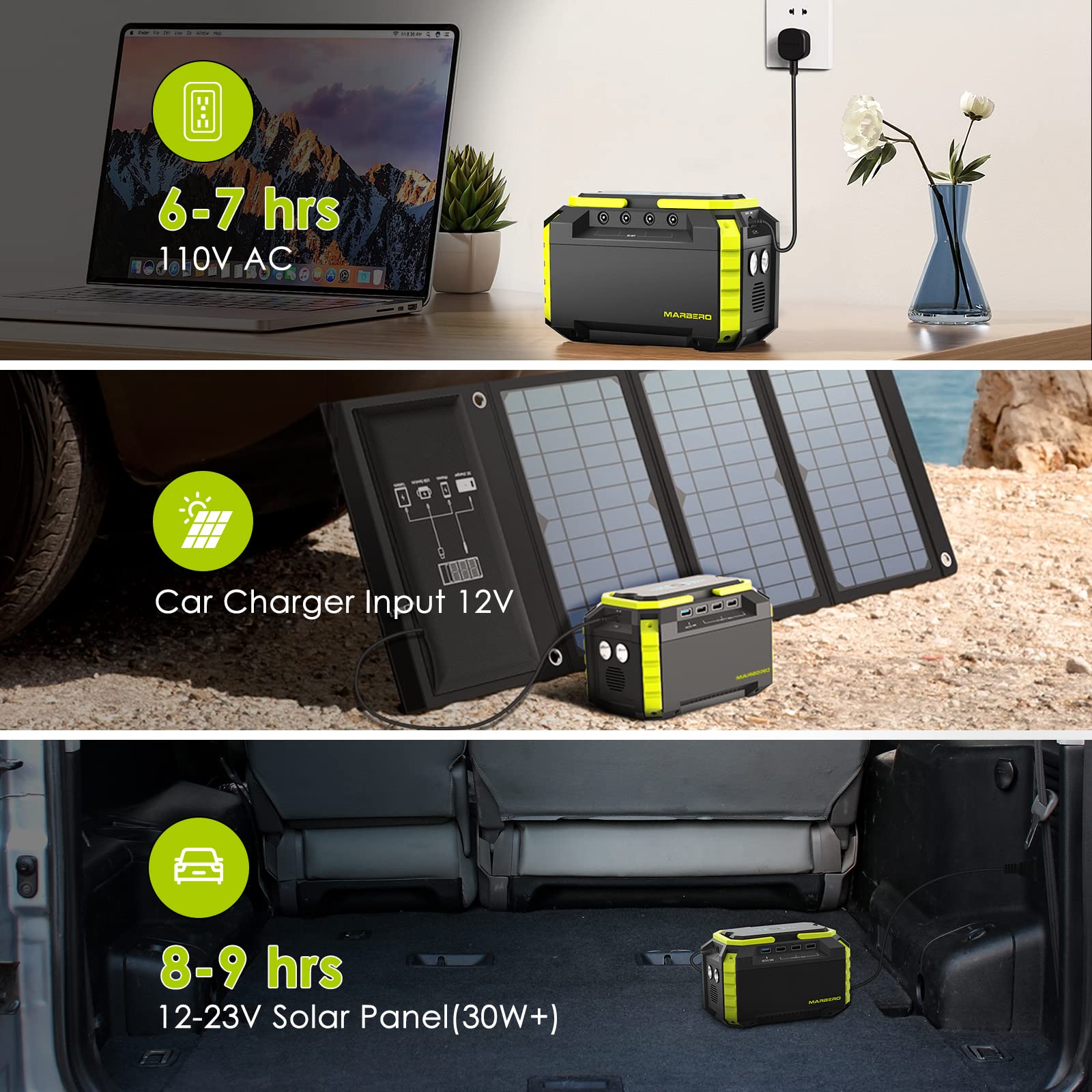 MARBERO Solar Generator 150W Peak Portable Power Station 150Wh with 30W Solar Panel Included with DC, AC, USB A, USB C, Flashlights for Camping, Home, Outdoor, Office, School, Emergency