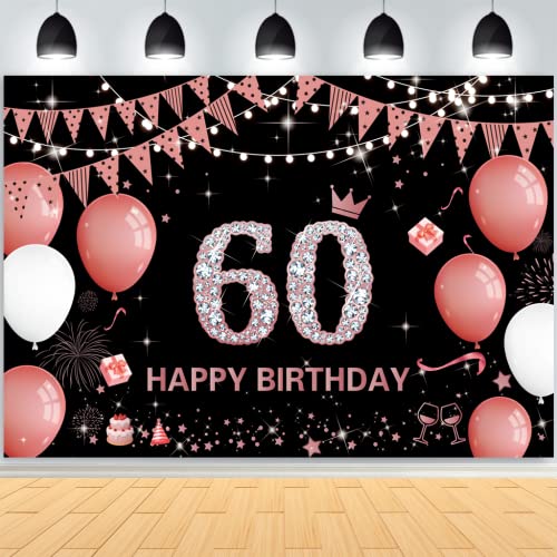 ASOONYUM 7x5ft Happy 60th Birthday Backdrop for Women Adult Rose Glitter Gold Balloon Background for Photography Sixty Birthday Black Gold Party Backdrops Diamond Photo Booth Banner