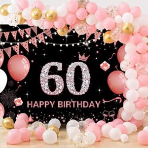 ASOONYUM 7x5ft Happy 60th Birthday Backdrop for Women Adult Rose Glitter Gold Balloon Background for Photography Sixty Birthday Black Gold Party Backdrops Diamond Photo Booth Banner