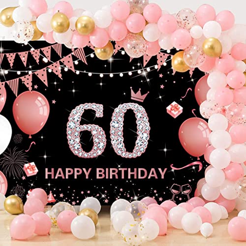 ASOONYUM 7x5ft Happy 60th Birthday Backdrop for Women Adult Rose Glitter Gold Balloon Background for Photography Sixty Birthday Black Gold Party Backdrops Diamond Photo Booth Banner